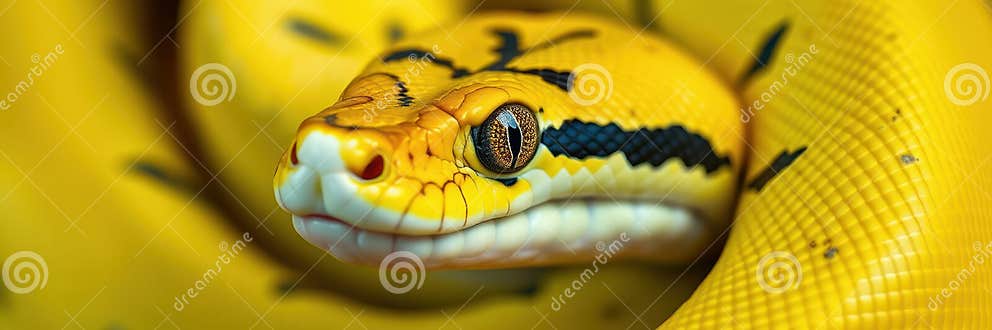 Bright Yellow Snake with Striking Patterns Relaxed on a Surface in a ...