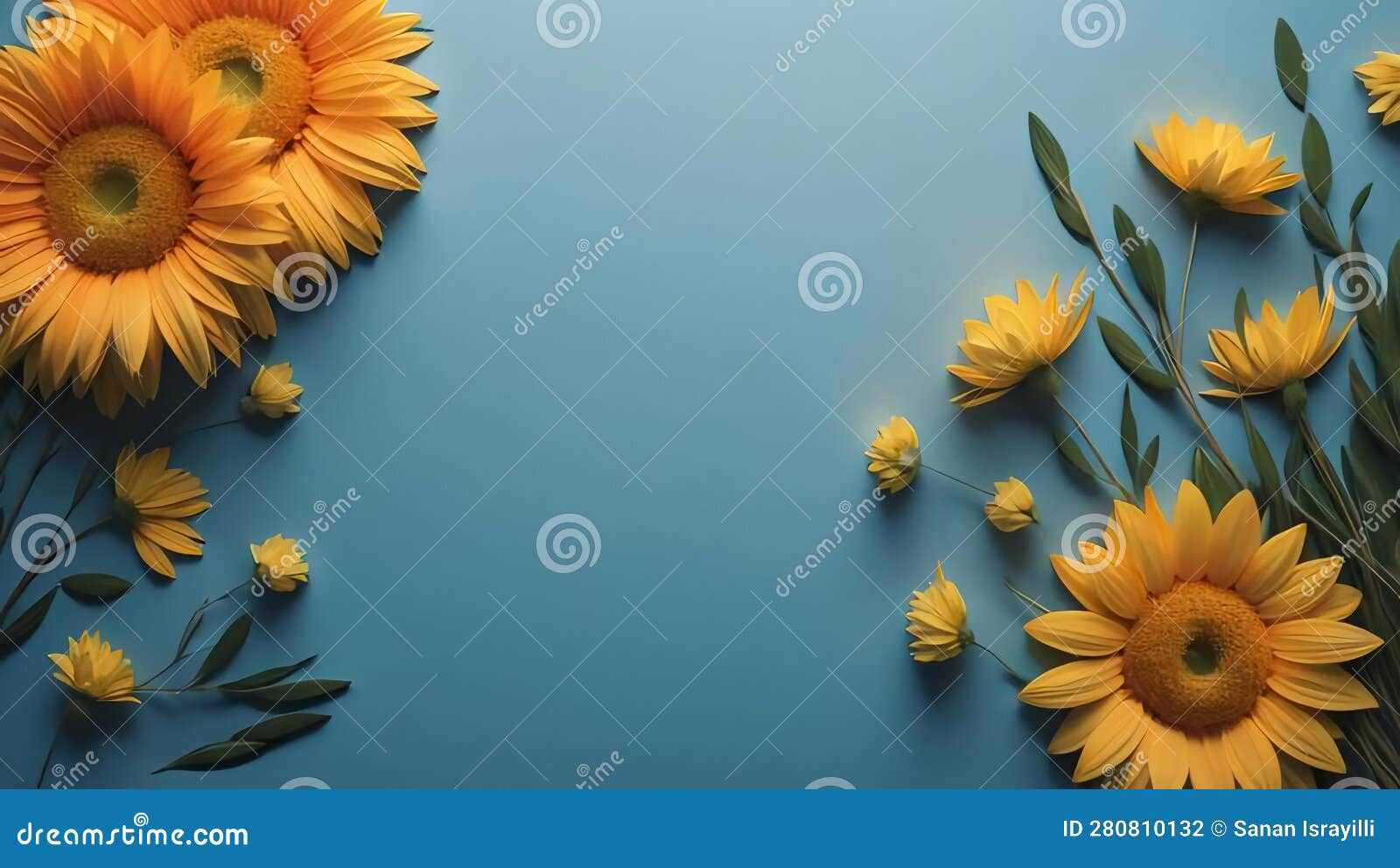 Bright Yellow Sunflowers on Blue Background. Flat Lay, Top View Stock Illustration ...