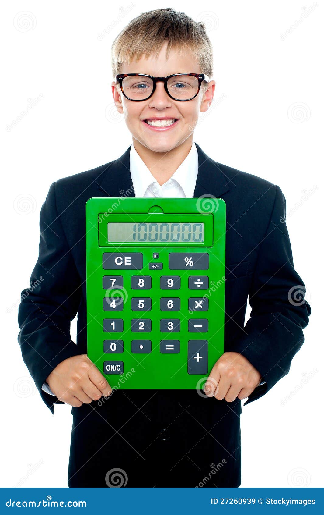 Bright Young Kid Holding Large Green Calculator Stock Image - Image of ...