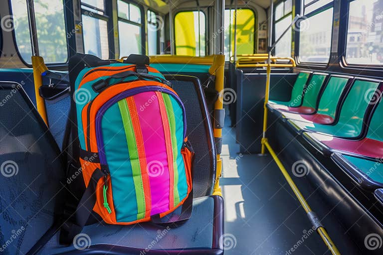 Brightly Colored Backpack on a Bus Seat, with the Aisle beside it Stock ...