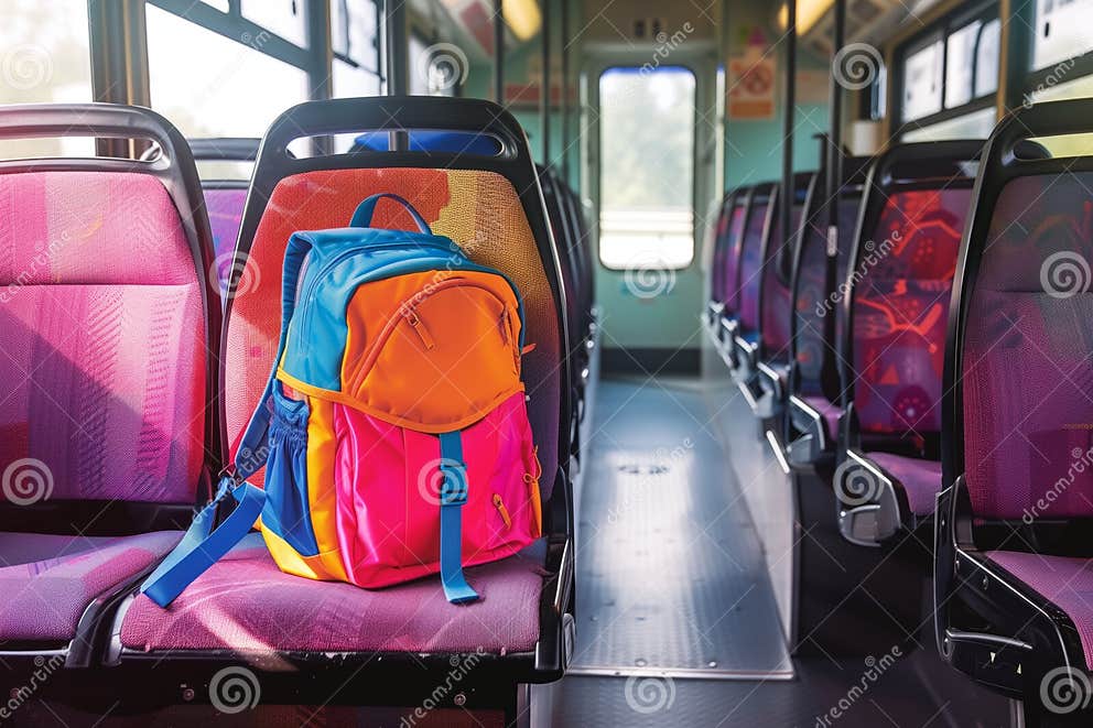 Brightly Colored Backpack on a Bus Seat, with the Aisle beside it Stock ...