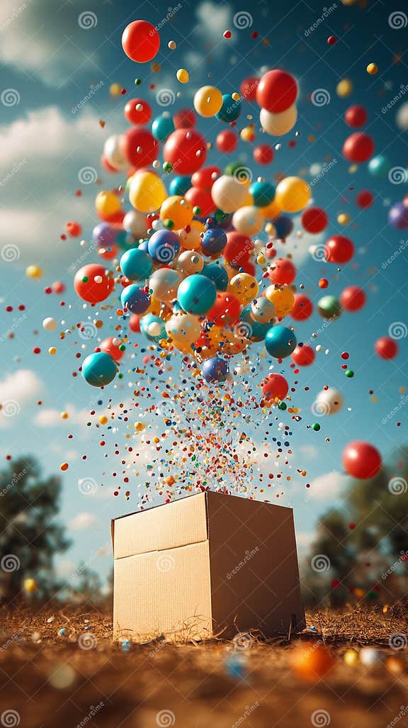Colorful Balloons Burst from an Open Cardboard Box Creating a Festive ...