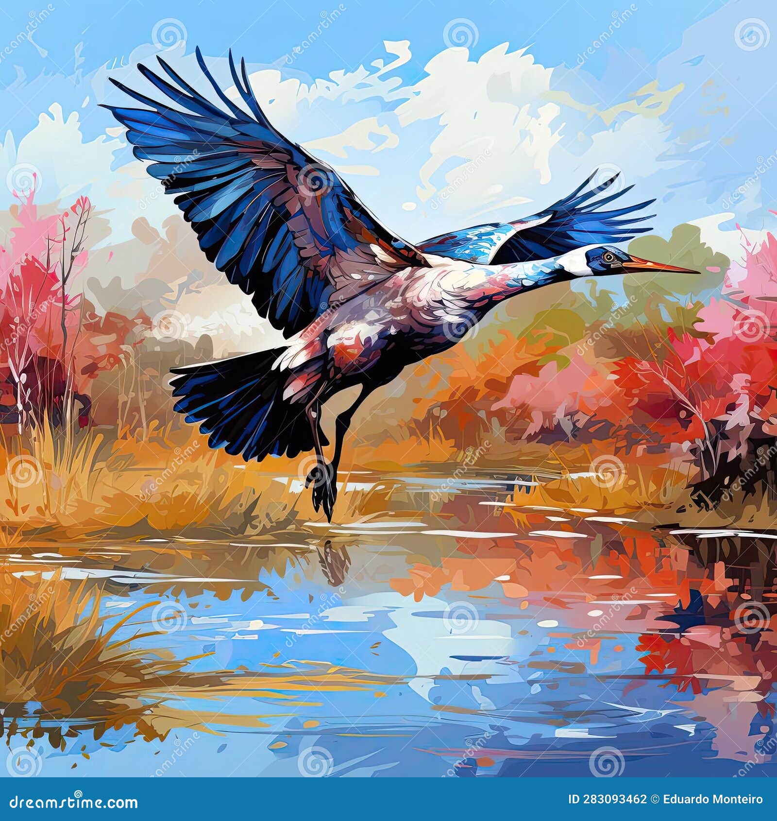 Brightly Colored Bird Flying Over Water with Realistic Color Palette ...