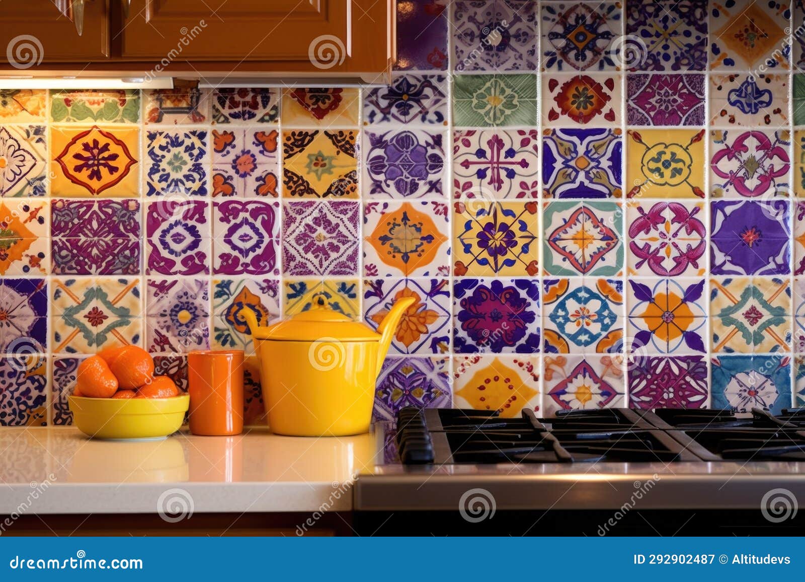 Brightly Colored Ceramic Tiles Affixed To a Kitchen Backsplash Stock ...