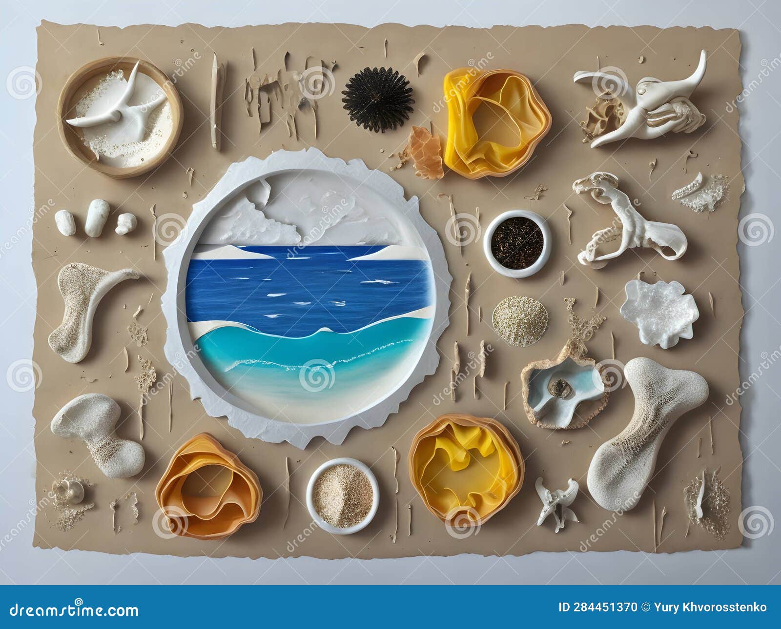 Brightly Colored Collage of Sea Sand and Seashells, Modernist ...