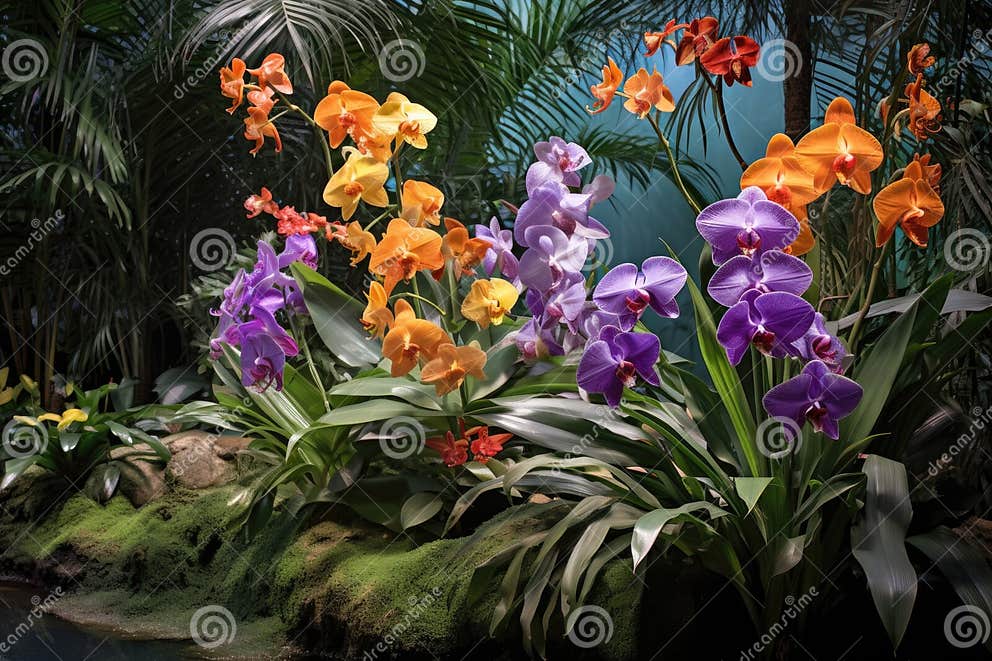 Brightly Colored Exotic Orchids in a Tropical Setting Stock Photo ...