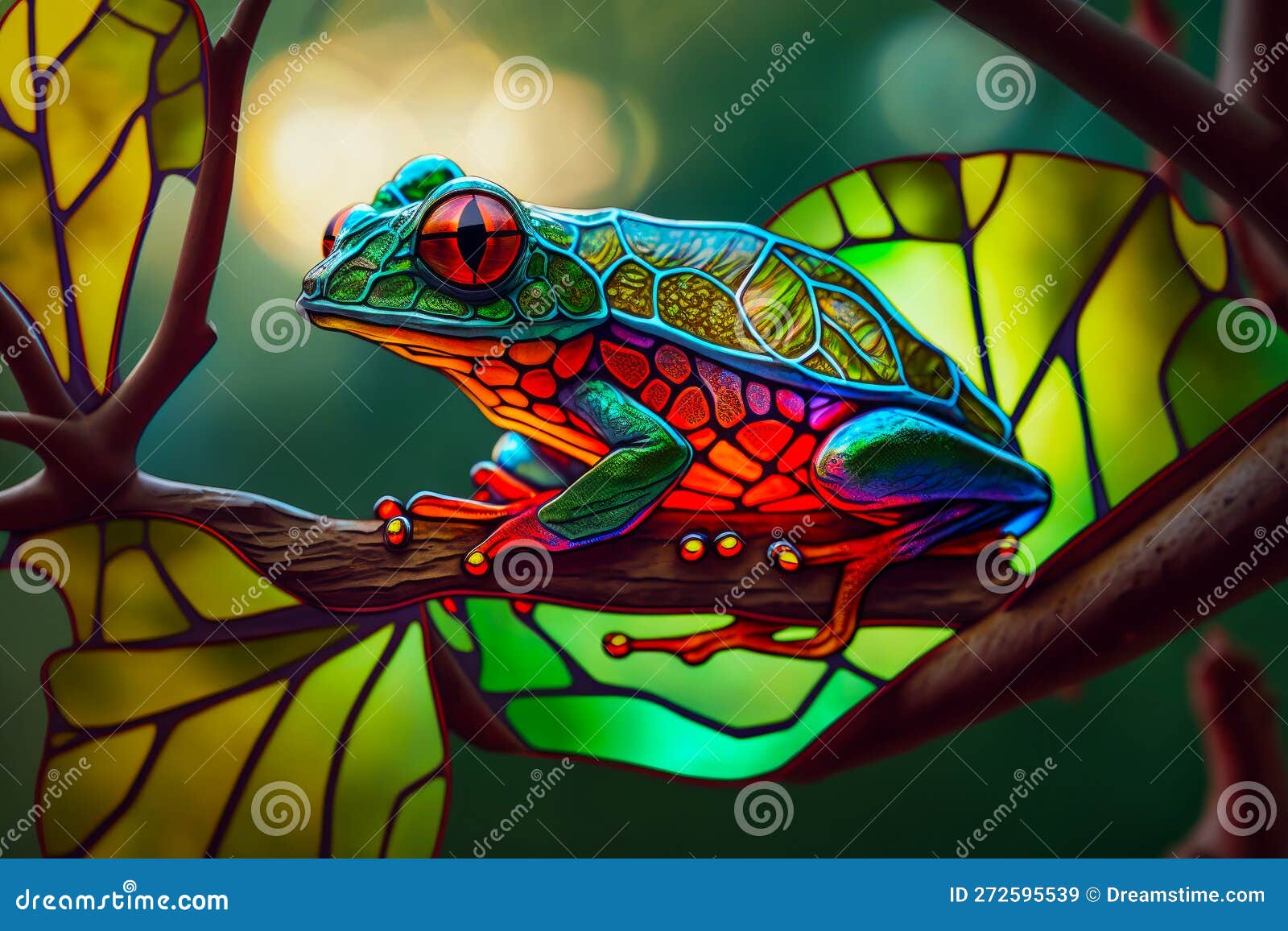 Brightly Colored Frog Sitting on Tree Branch with Green Leaf in the ...