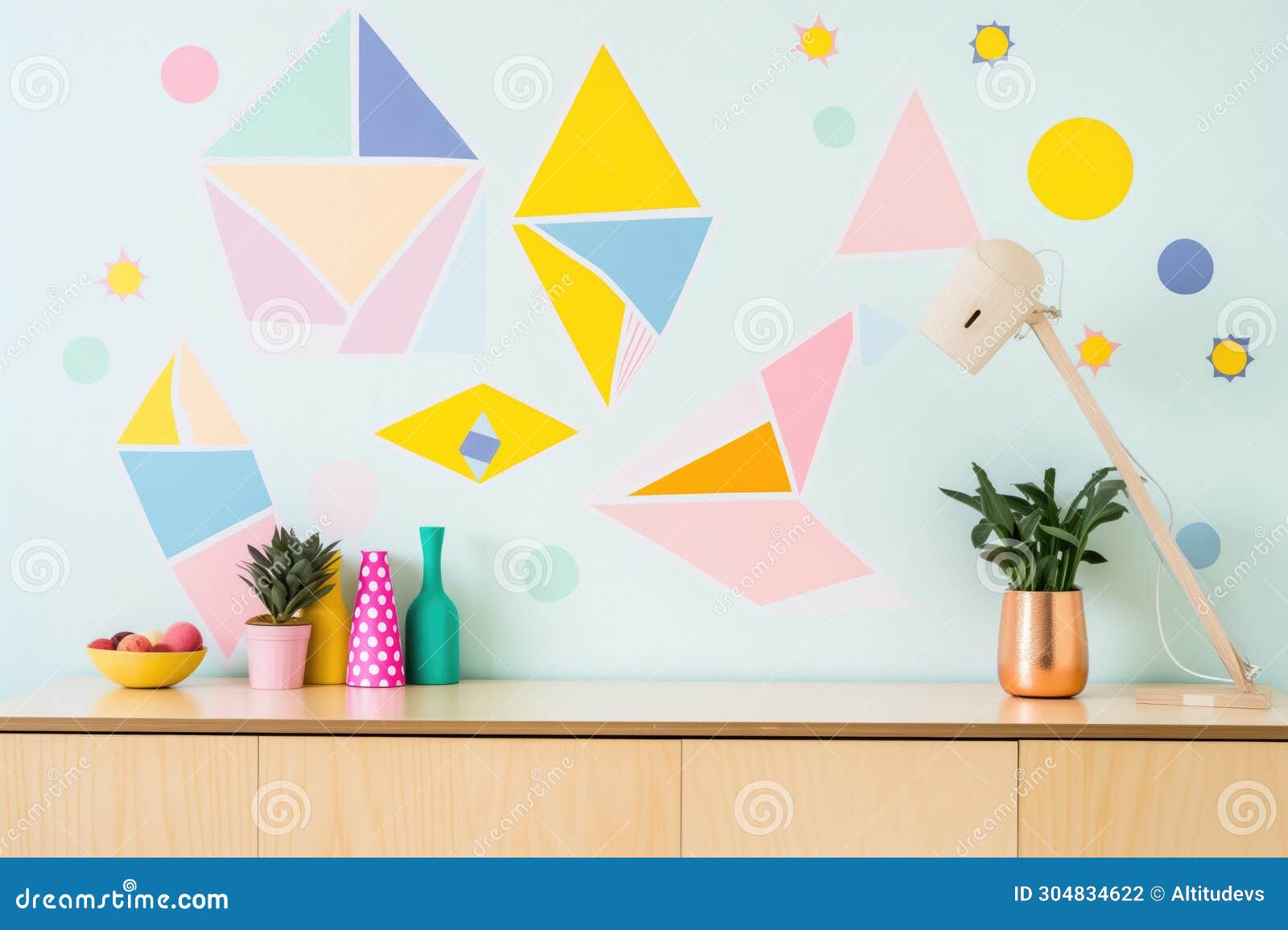 Brightly Colored Geometric Shapes Decals, on a Pastel Wall Stock ...