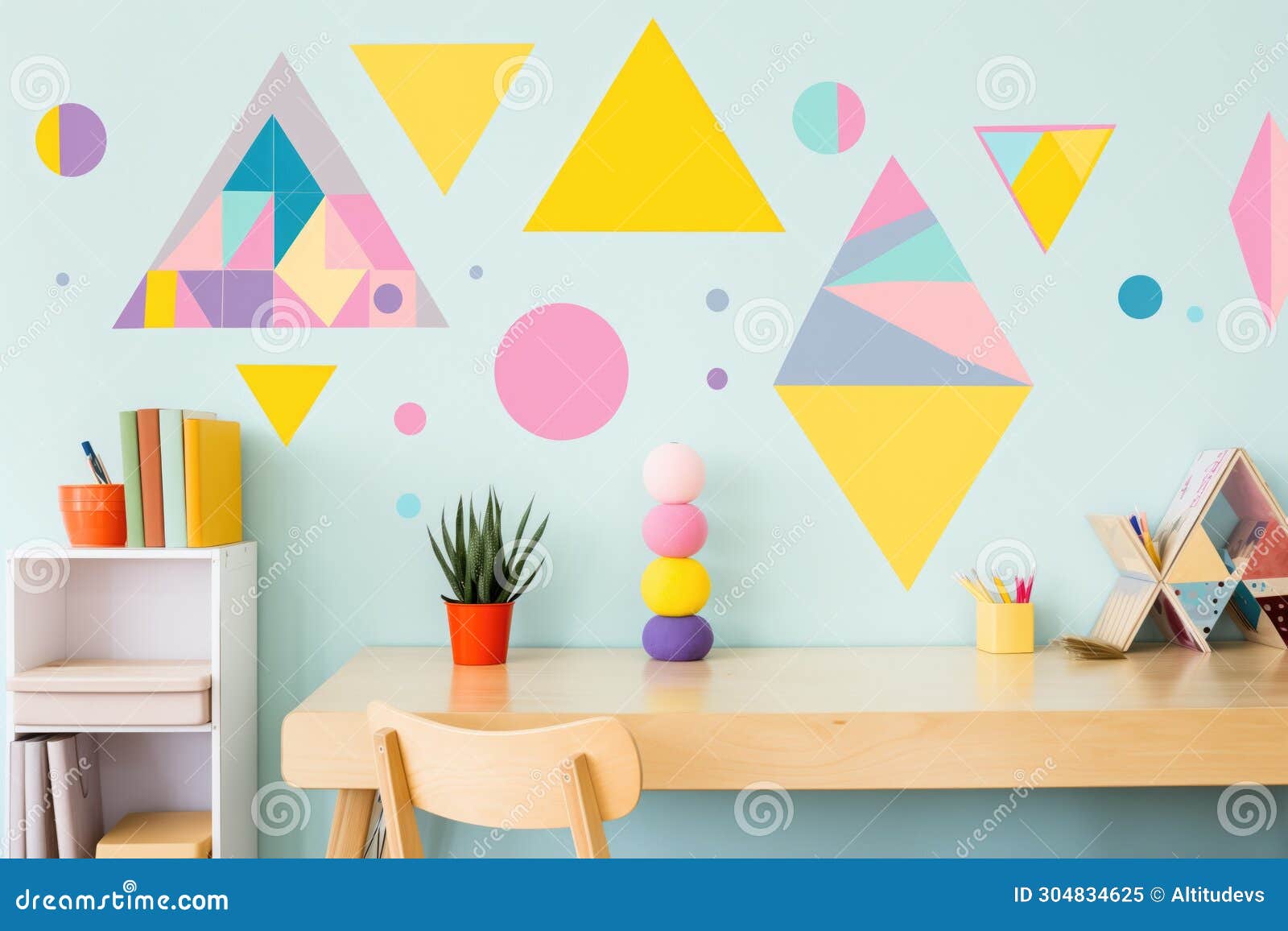 Brightly Colored Geometric Shapes Decals, on a Pastel Wall Stock ...