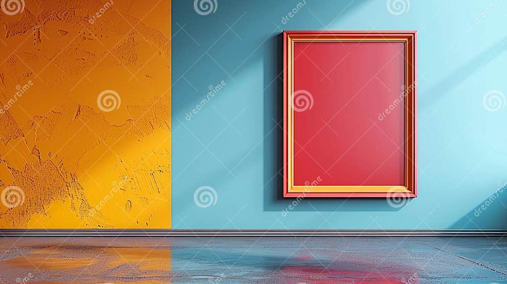 Brightly Colored Interior Wall with a Red Framed Blank Canvas in a ...