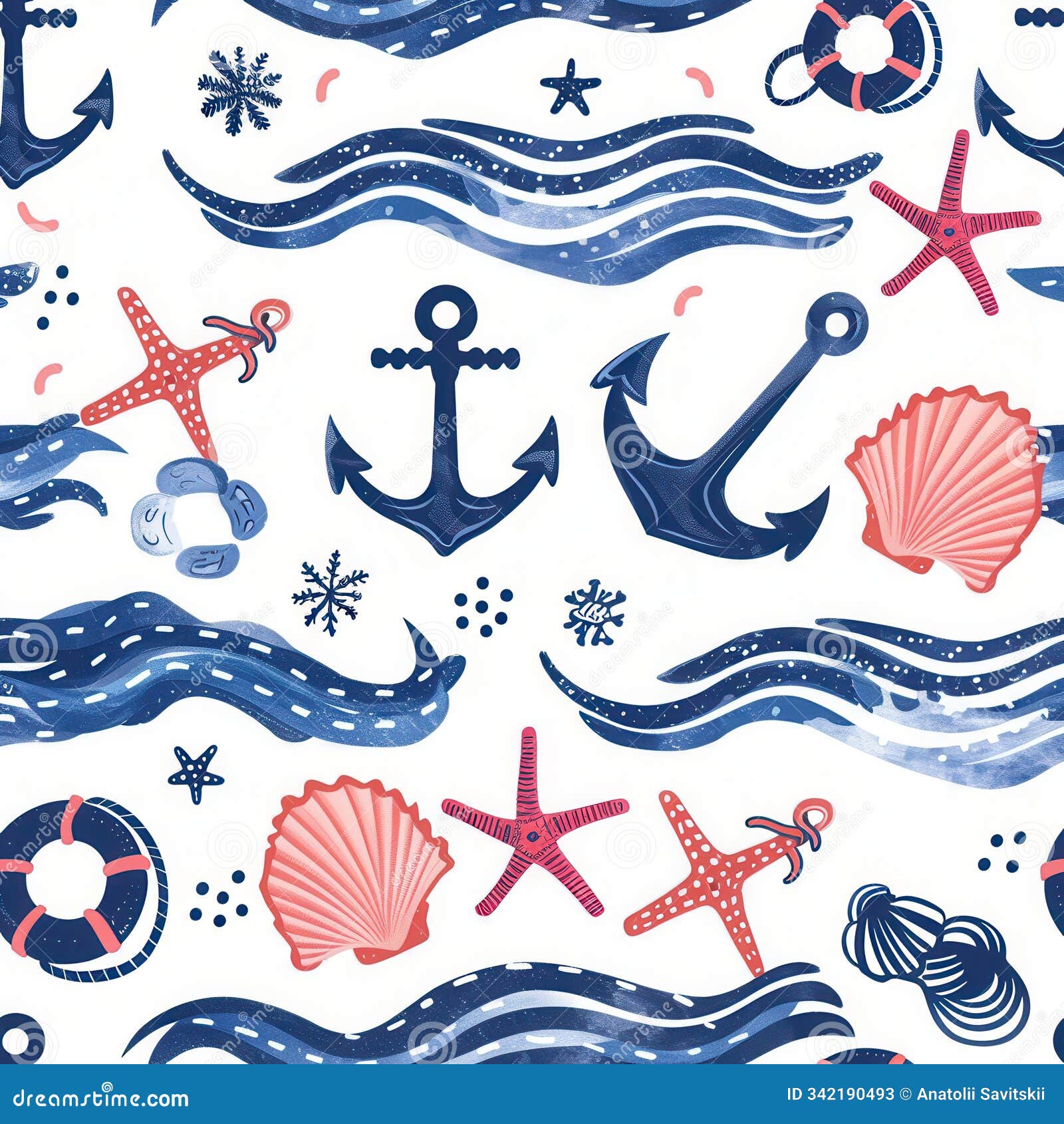 Brightly Colored Nautical Elements Like Anchors, Seashells, and Waves ...