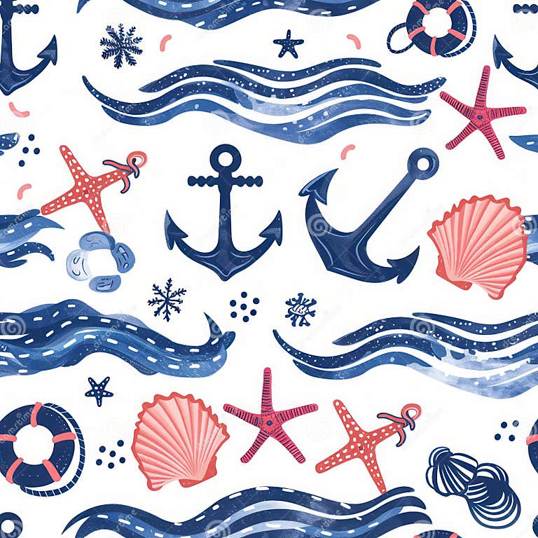 Brightly Colored Nautical Elements Like Anchors, Seashells, and Waves Create a Lively Pattern ...