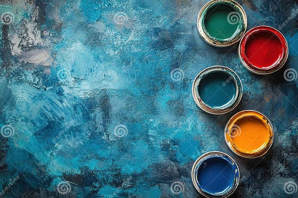 Colorful Paint Cans Arranged on a Textured Blue Backdrop in an Artist S ...