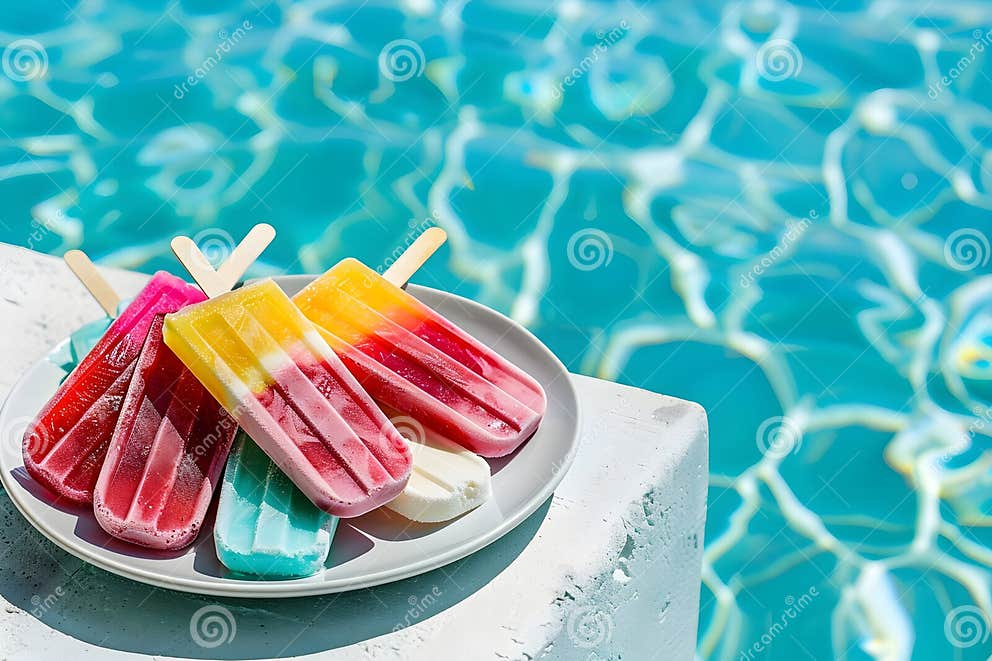 Brightly Colored Popsicles on a Plate Near the Pool Stock Illustration ...