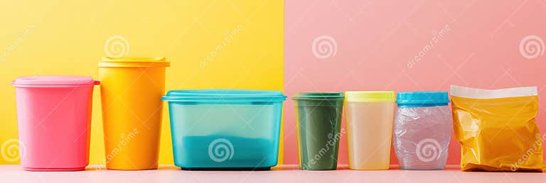 Brightly Colored Reusable Containers Contrast with an Array of Single ...