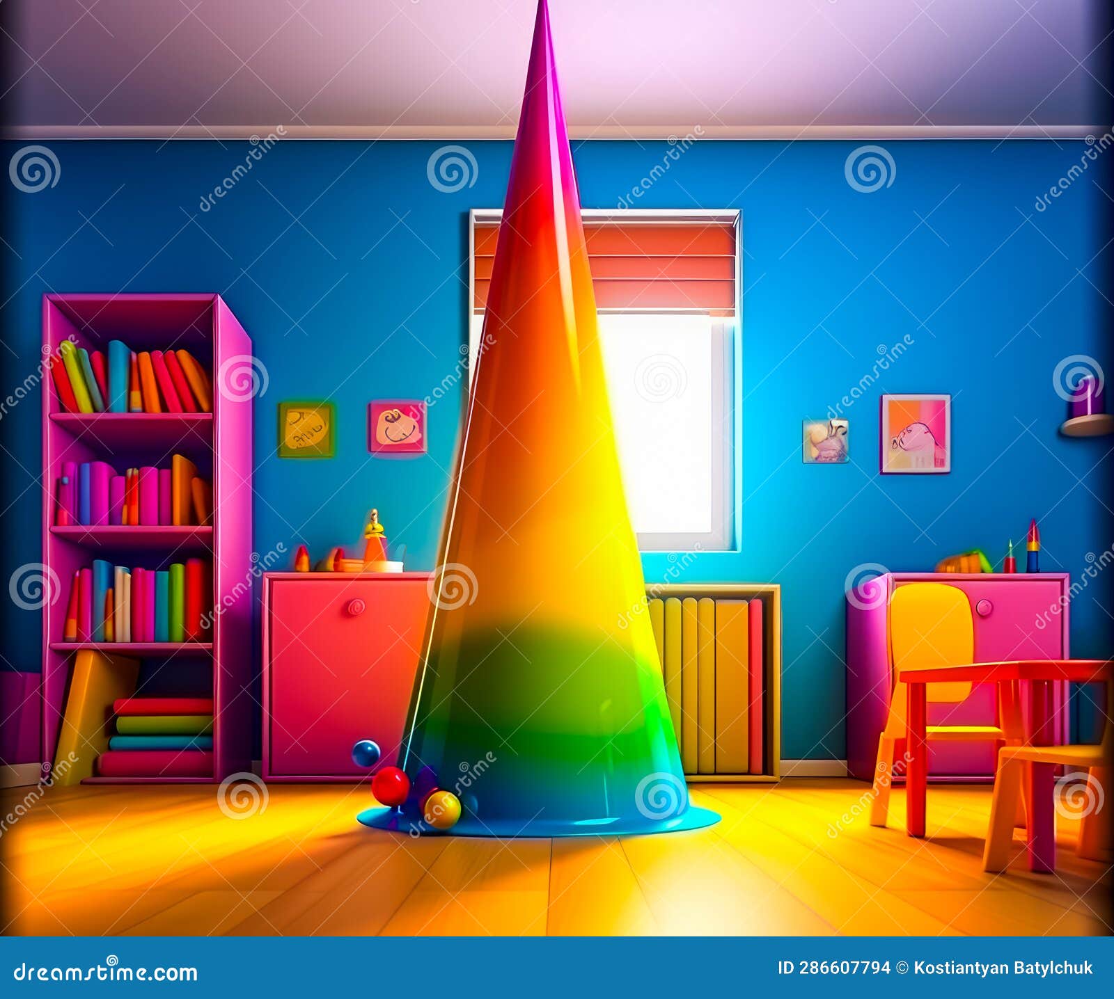 Brightly Colored Room with Large Cone on the Floor and Chair in the ...