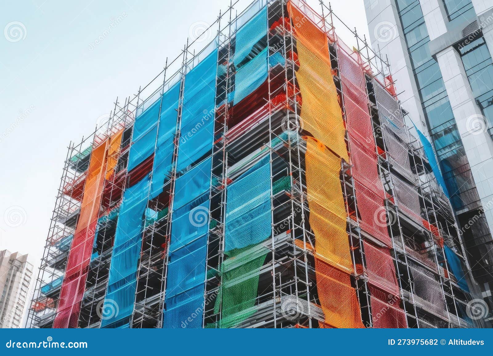 Brightly Colored Scaffolding Against the Backdrop of Modern Skyscraper ...