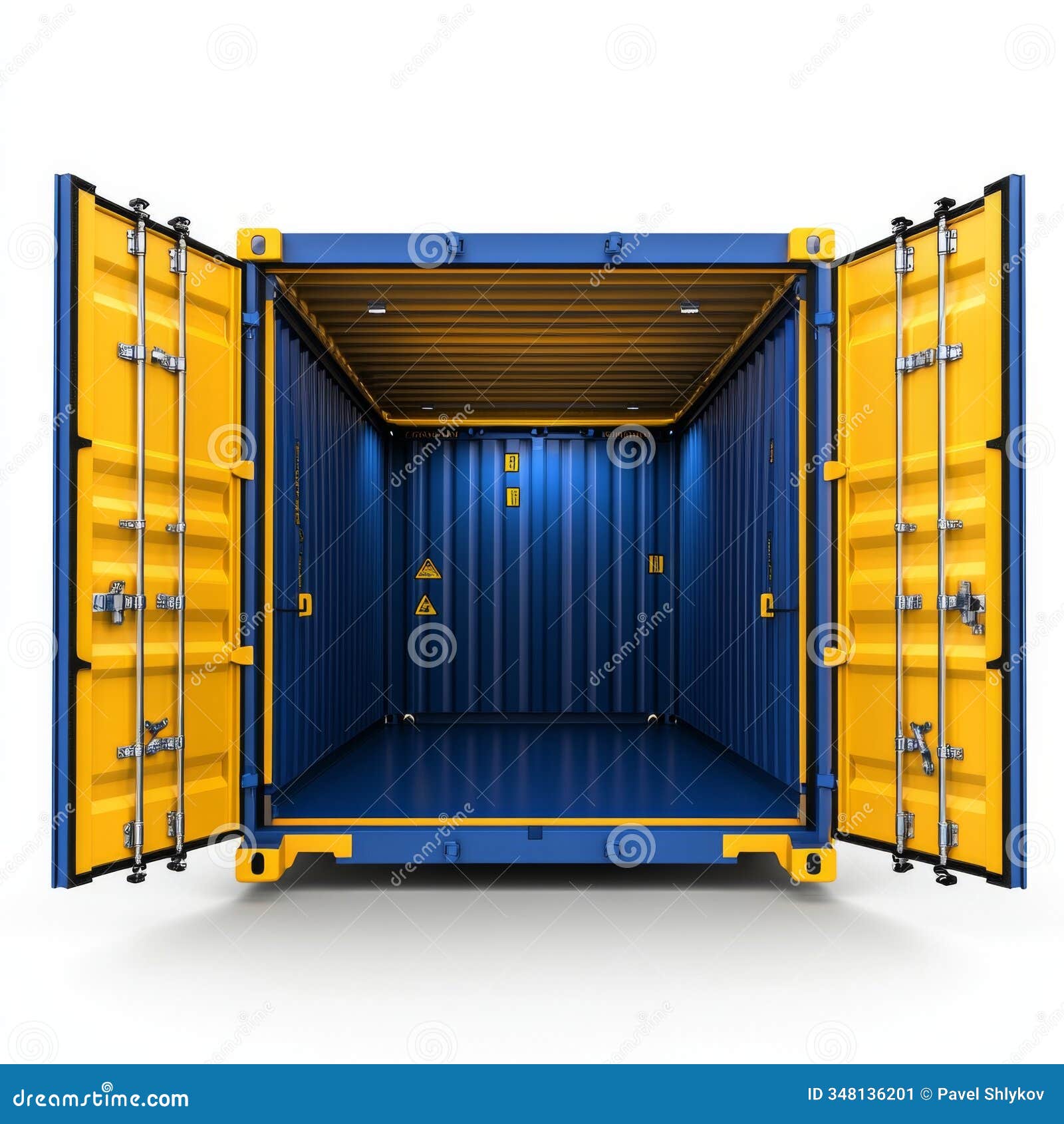 Bright Blue and Yellow Shipping Container with Open Doors Displaying ...