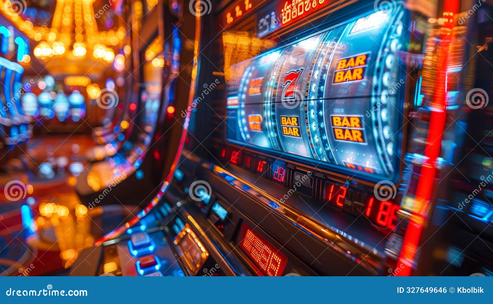 A Brightly Colored Slot Machine in a Casino with Flying Chips Stock ...