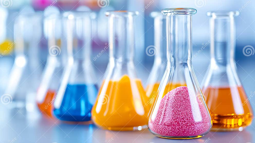 Brightly Colored Solutions and Powders are Displayed in Multiple Flasks ...