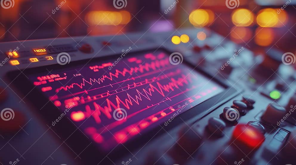Close-up of an Advanced Audio Mixer Displaying Vibrant Sound Wave ...