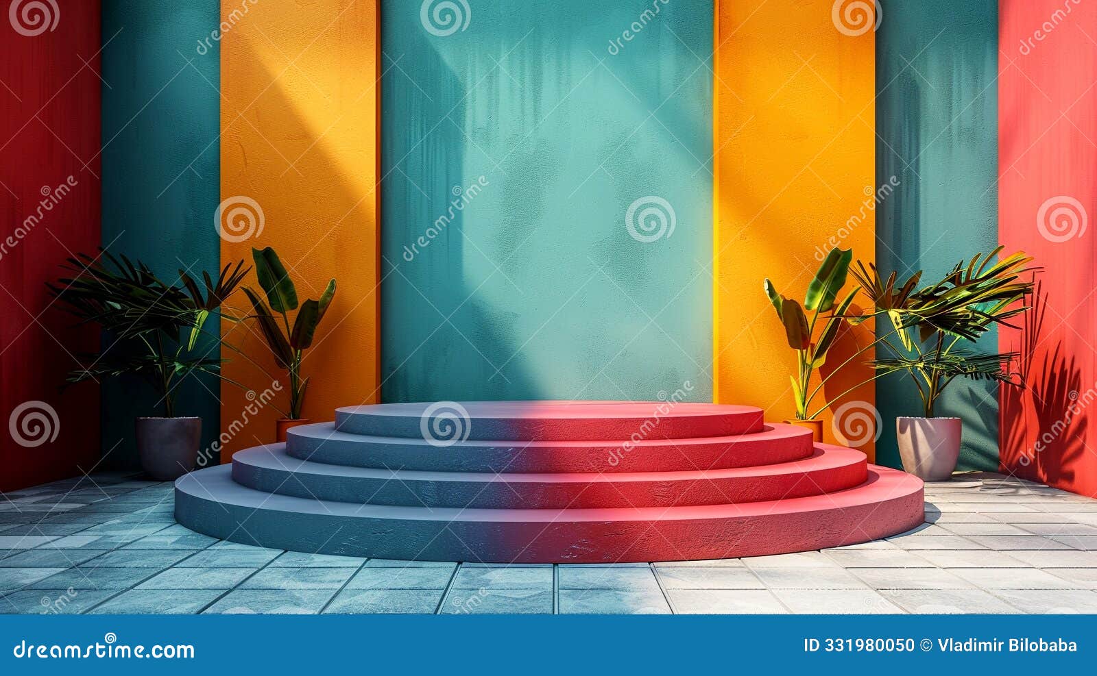 Colorful Modern Stage Design Featuring Vibrant Backdrop and Plants in ...