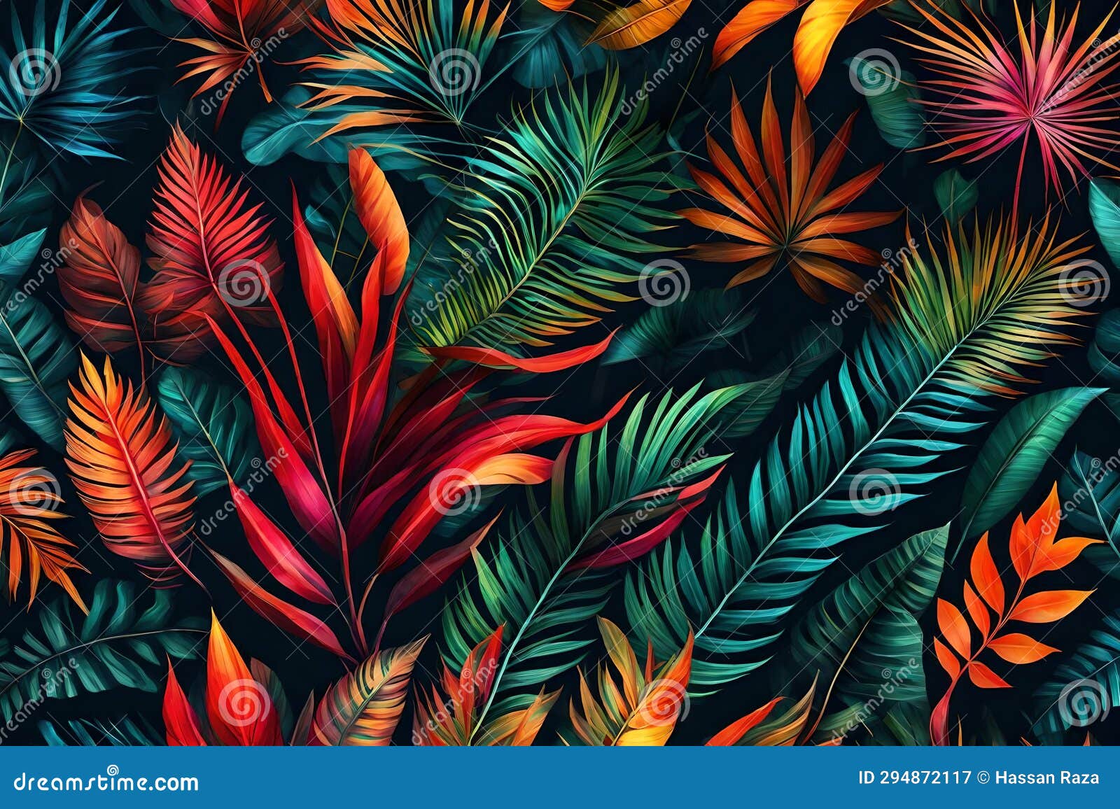 Brightly Colored Tropical Leaves on a Dark Background Stock ...