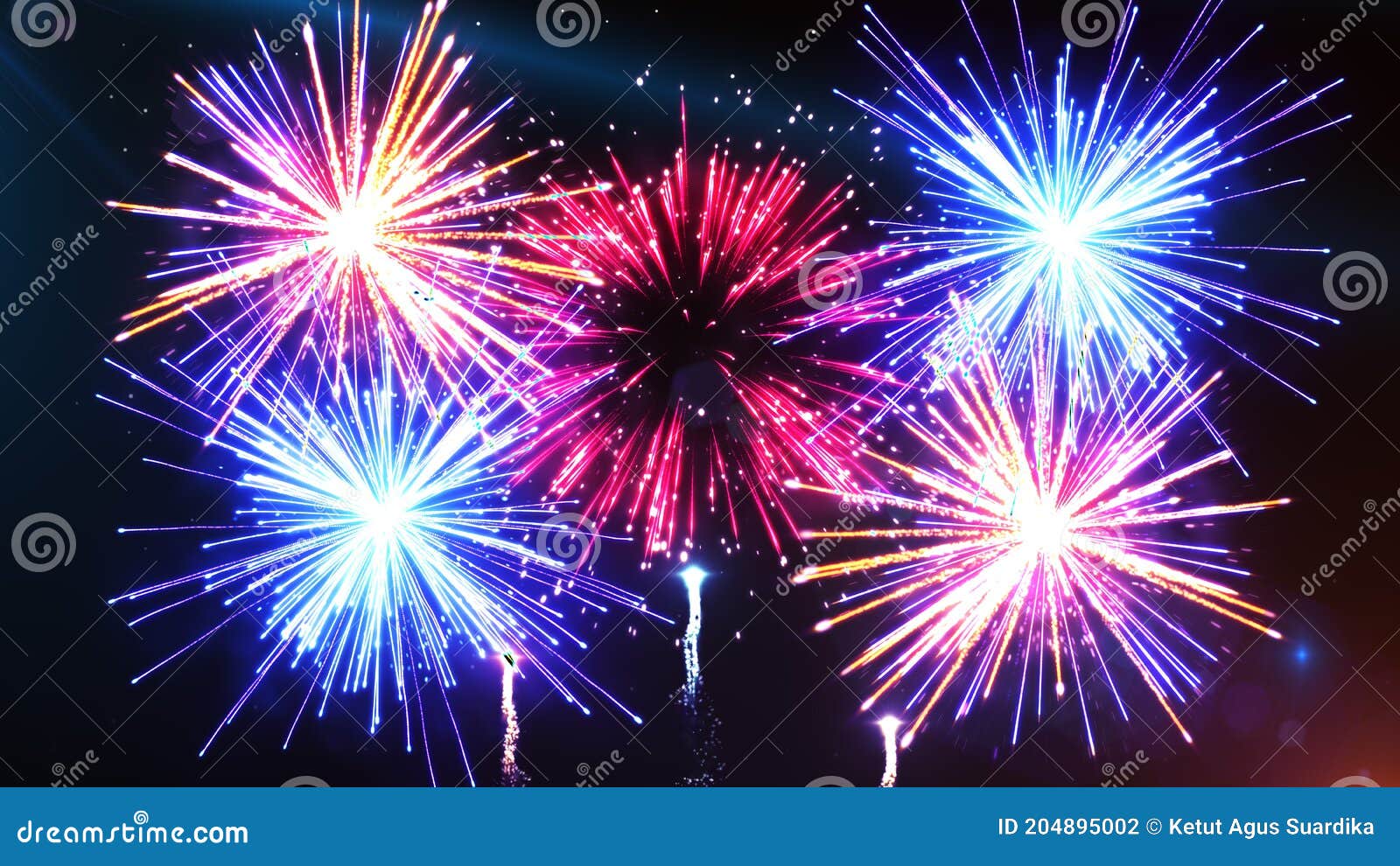 Brightly Colorful Fireworks Celebration Explosion Display On Shiny ...