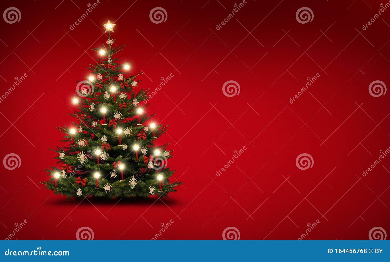 Brightly Decorated Christmas Tree Isolated on Red Background Stock ...