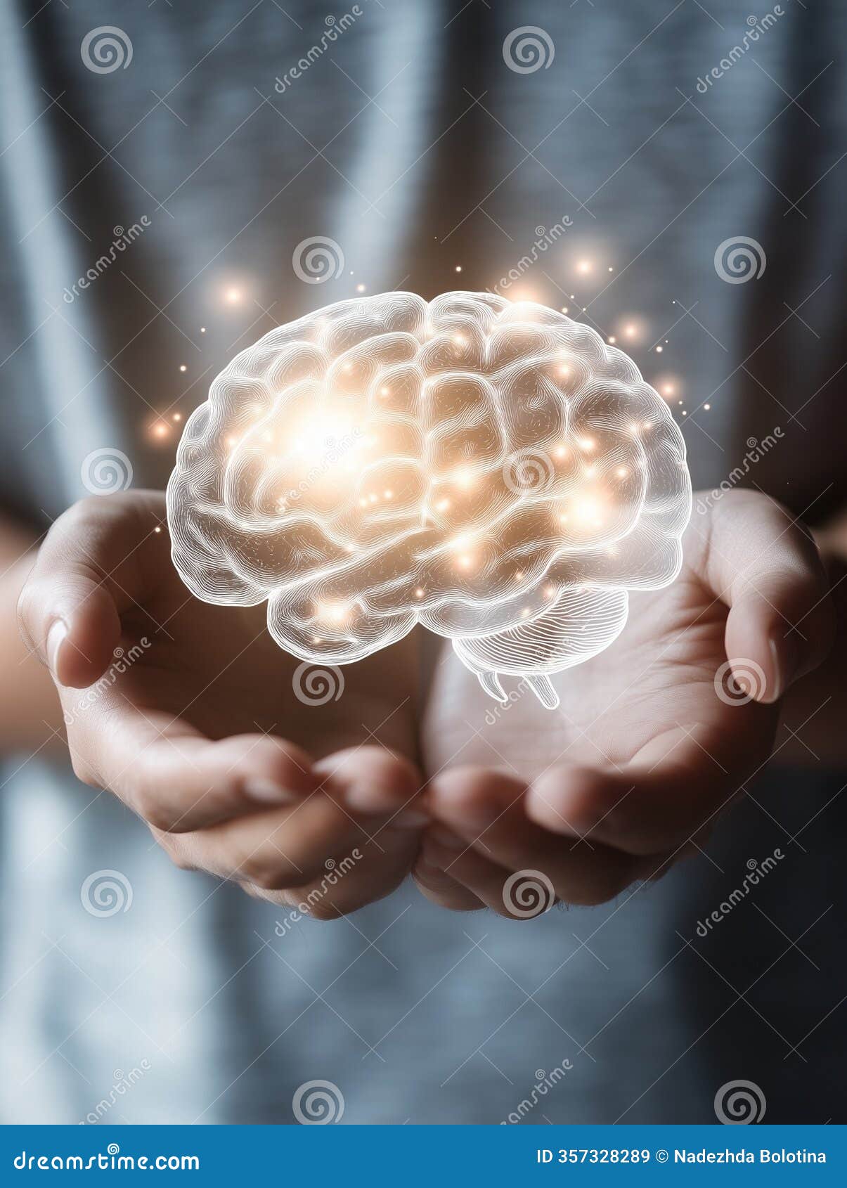 Brightly Glowing Brain Held in Hands Symbolizes Knowledge, Creativity ...