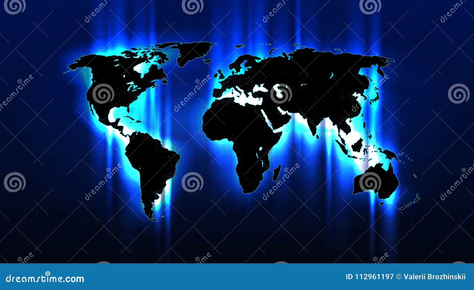 Brightly Highlighted Abstract World Map on a Blue Grid Background Stock ...