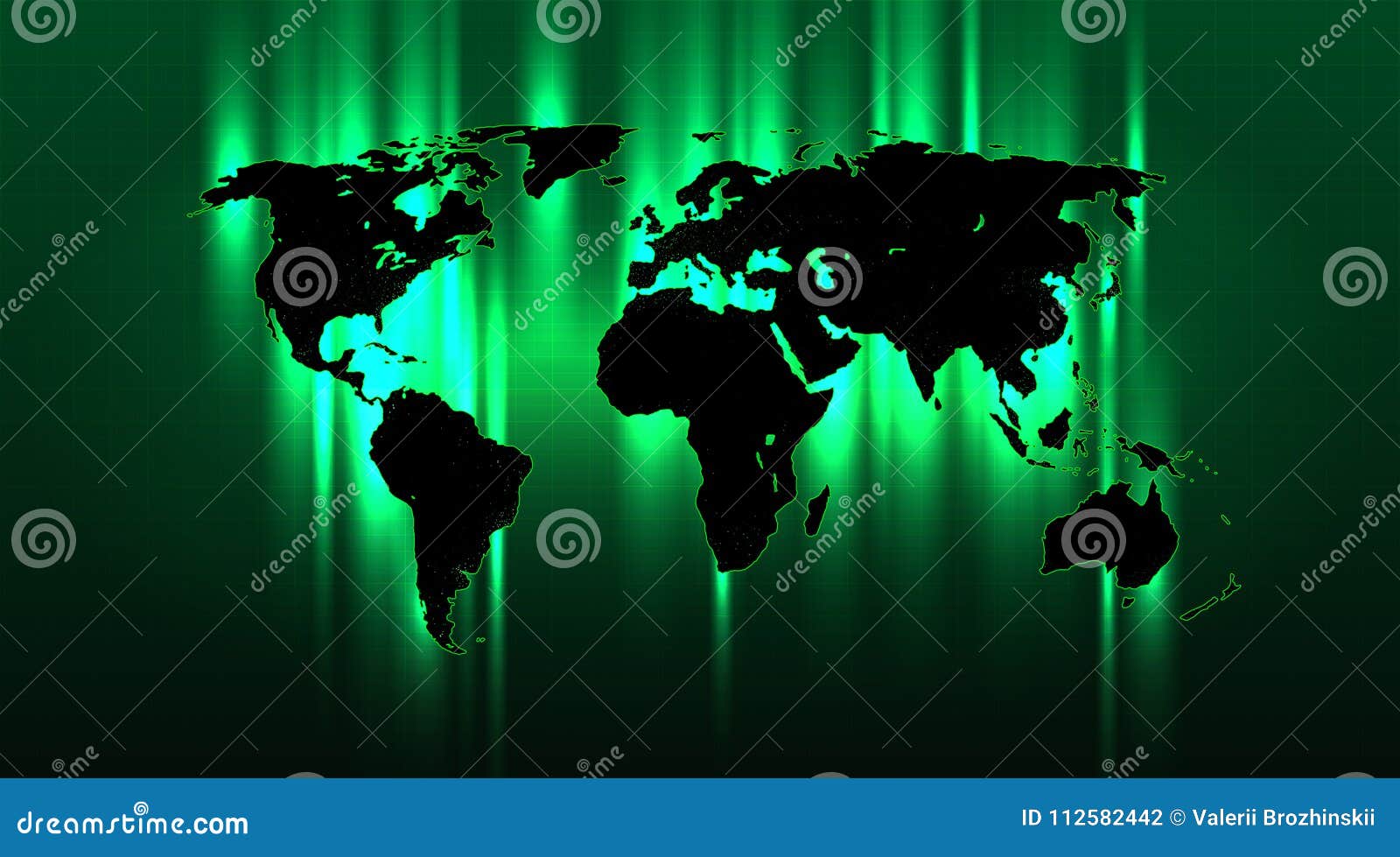 Brightly Highlighted Abstract World Map on a Green Grid Background ...