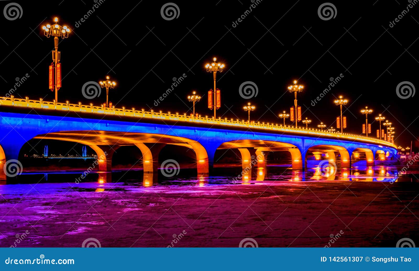Brightly Lit Bridge at Night Stock Image - Image of culture, casual ...