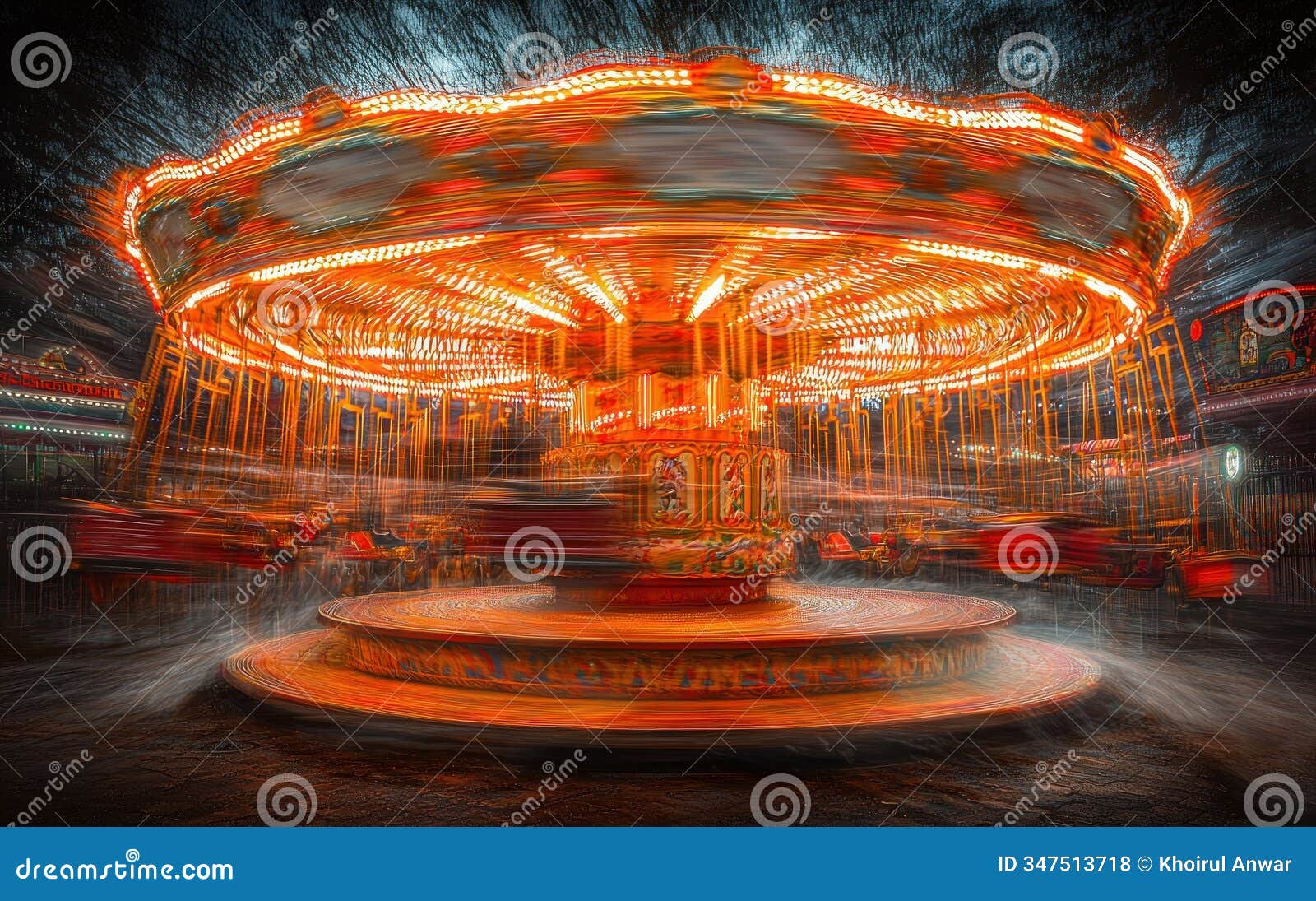 A Brightly Lit Carousel at Night with Motion Blur Capturing the ...