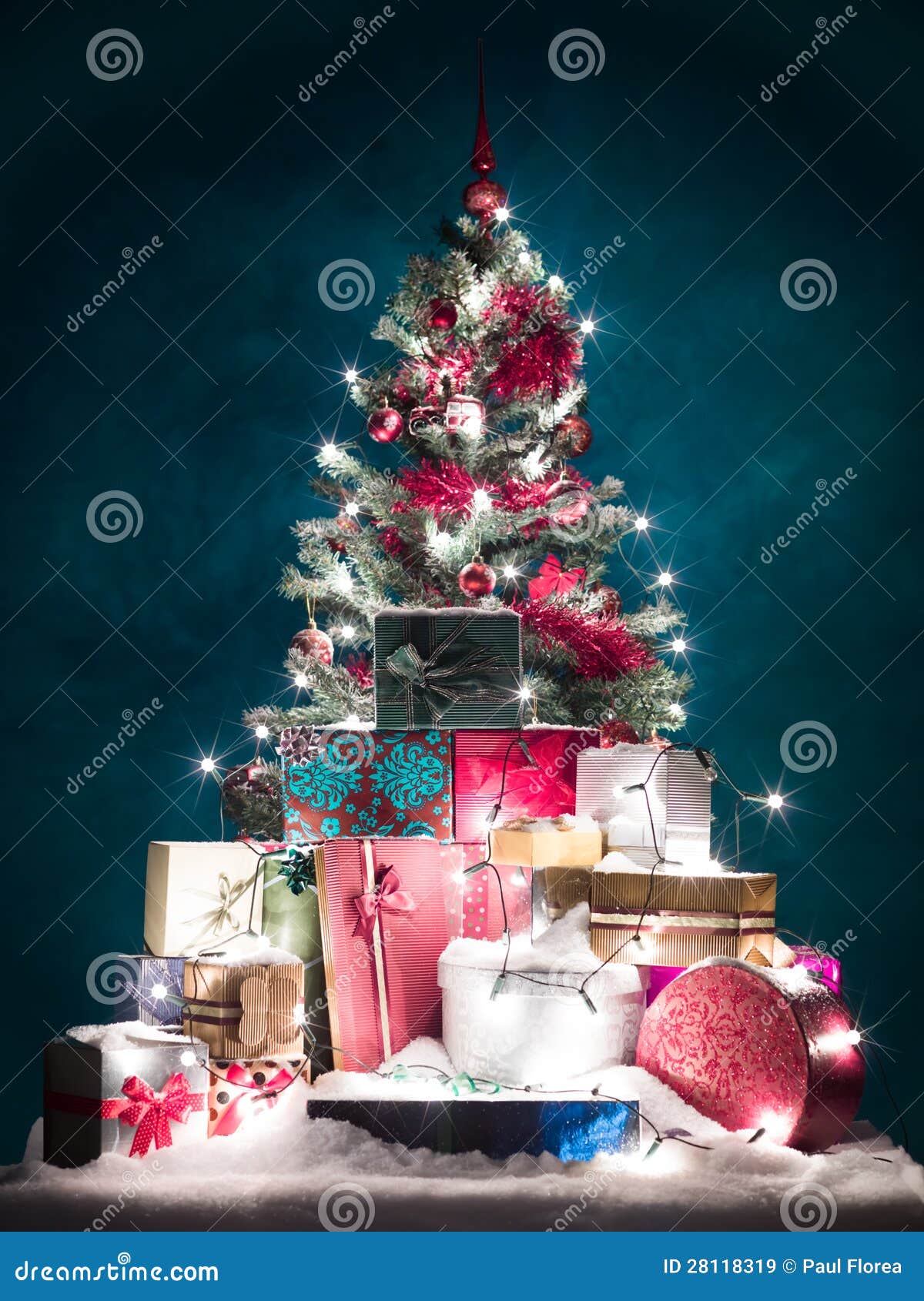 Brightly Lit Christmas Tree with Presents Stock Image - Image of ...