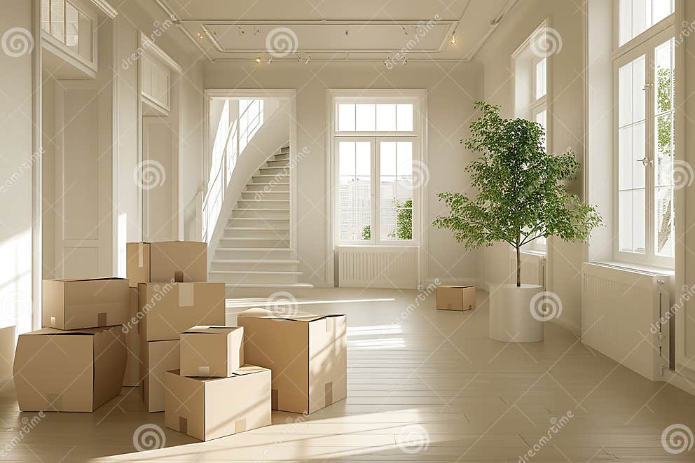Brightly Lit Empty Room with Carefully Placed Moving Boxes, Ensuring a ...