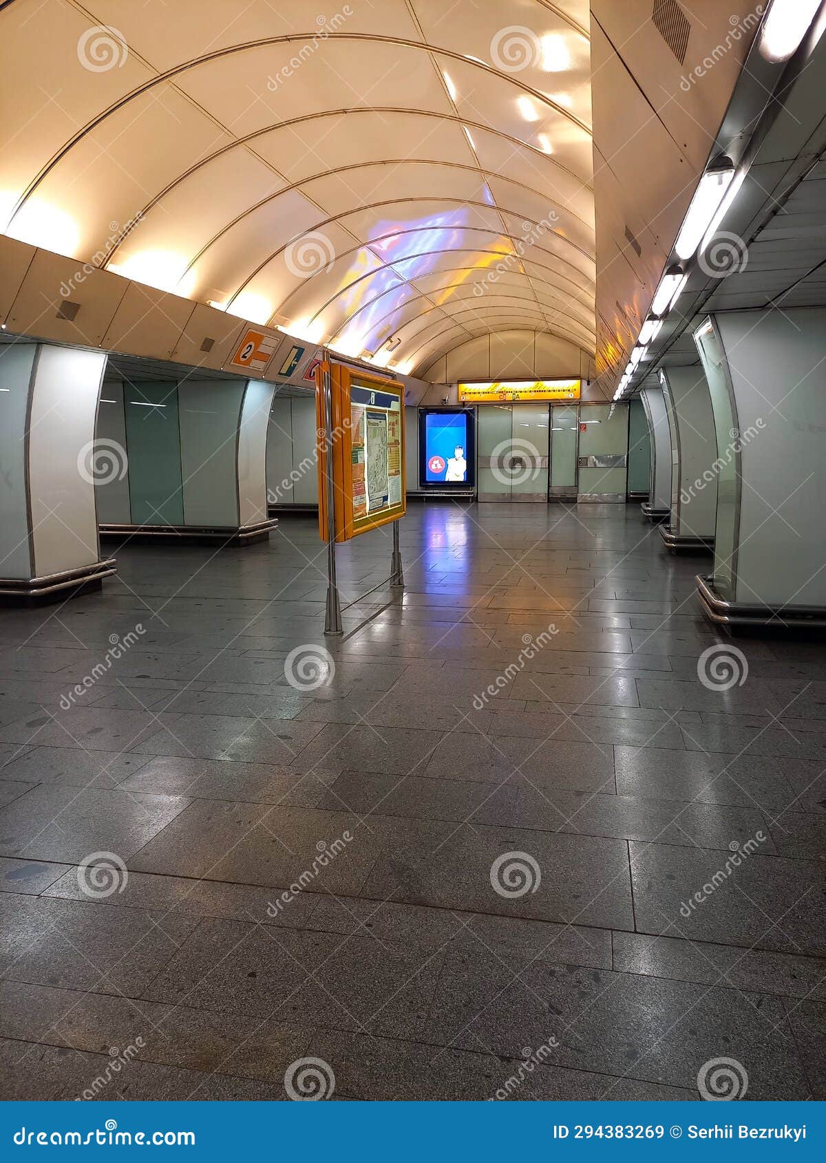 Brightly Lit Empty Underground Subway Station in Perspective. Arched ...