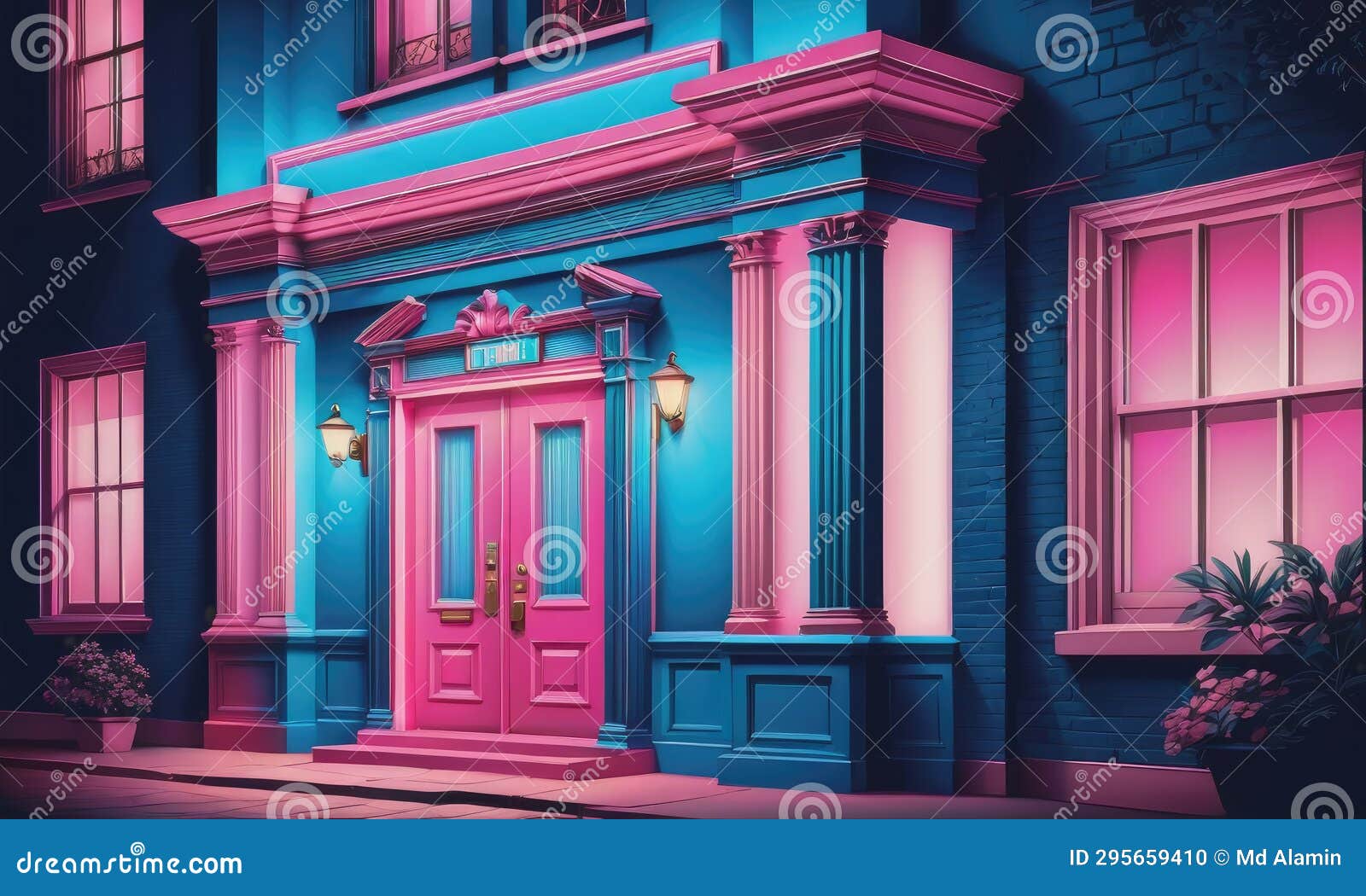 A Brightly Lit Entrance To a Building with a Blue and Pink Light on the ...
