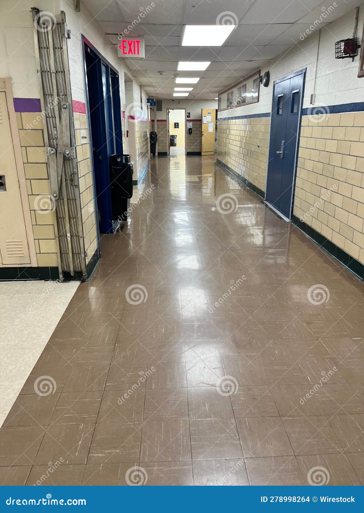 Brightly Lit Hallway of a School, with a Glossy and Polished Tiled ...