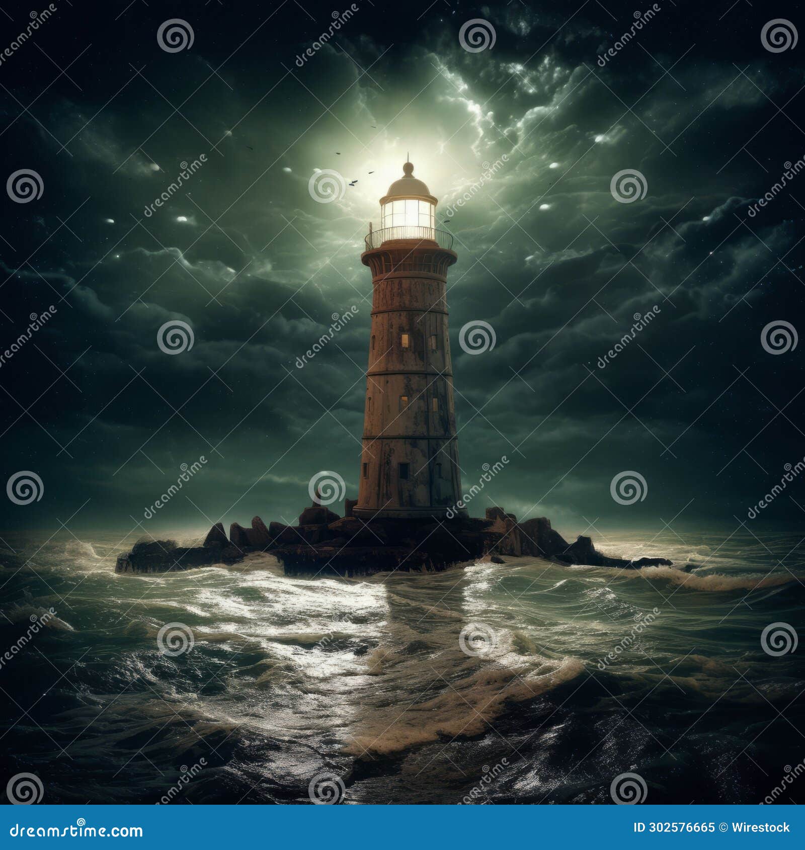 Brightly-lit Lighthouse Stands Against a Backdrop of a Turbulent ...