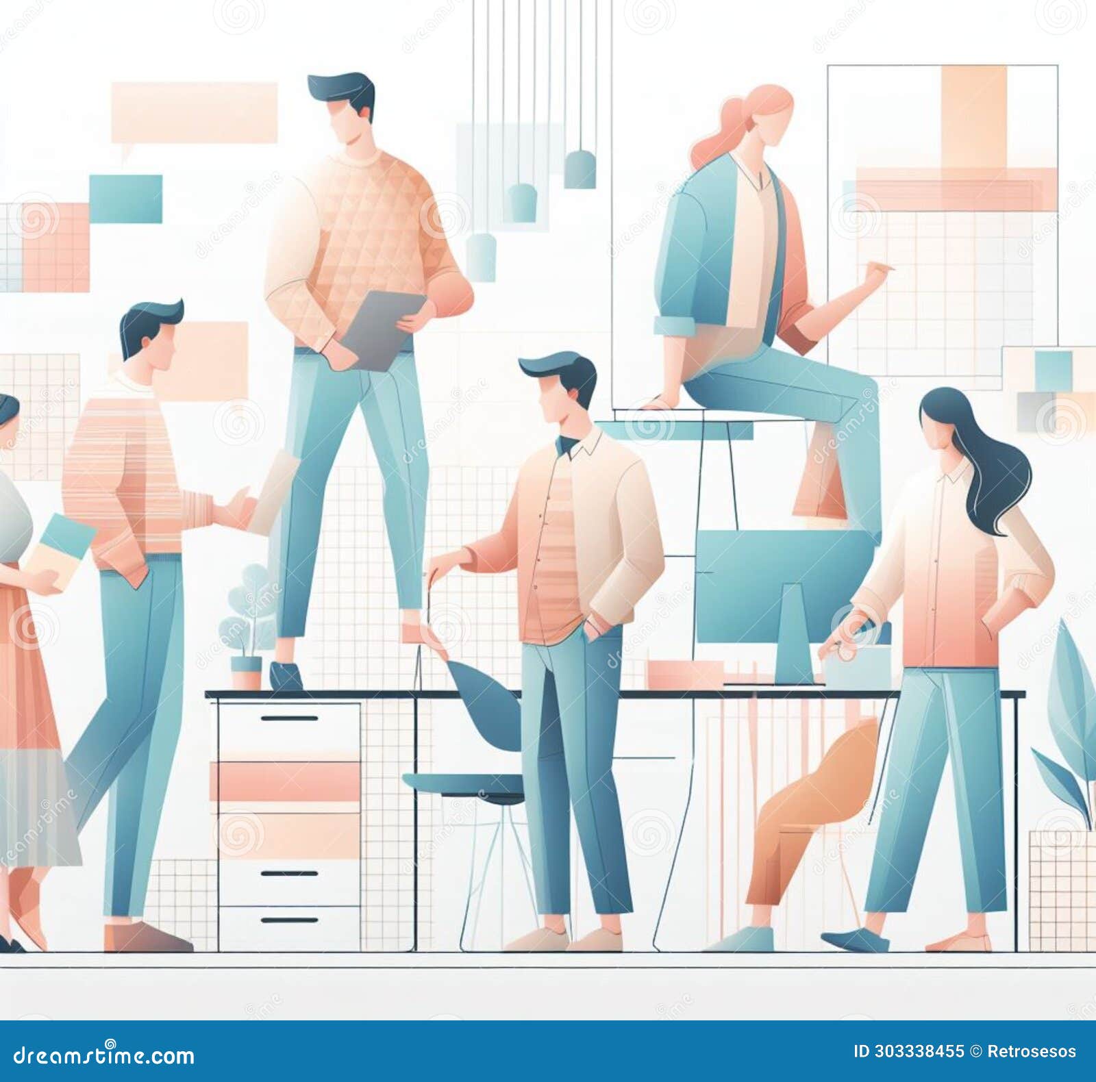 Brightly Lit Modern Office Setting with Employees Engaged in Various ...