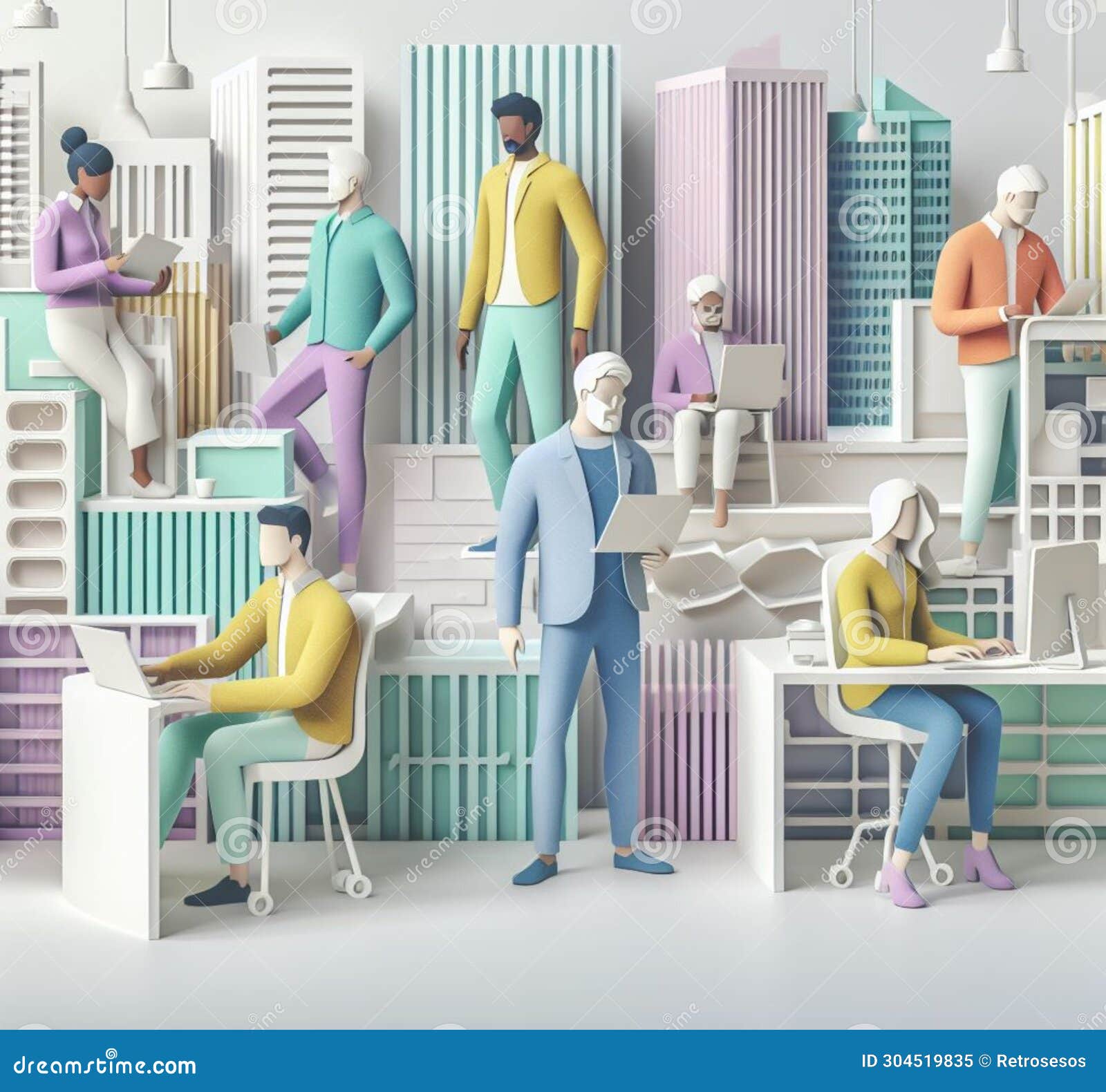 Brightly Lit Modern Office Setting with Employees Engaged in Various ...