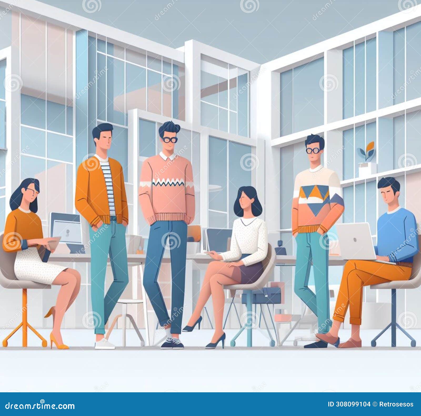 Brightly Lit Modern Office Setting with Employees Engaged in Various ...