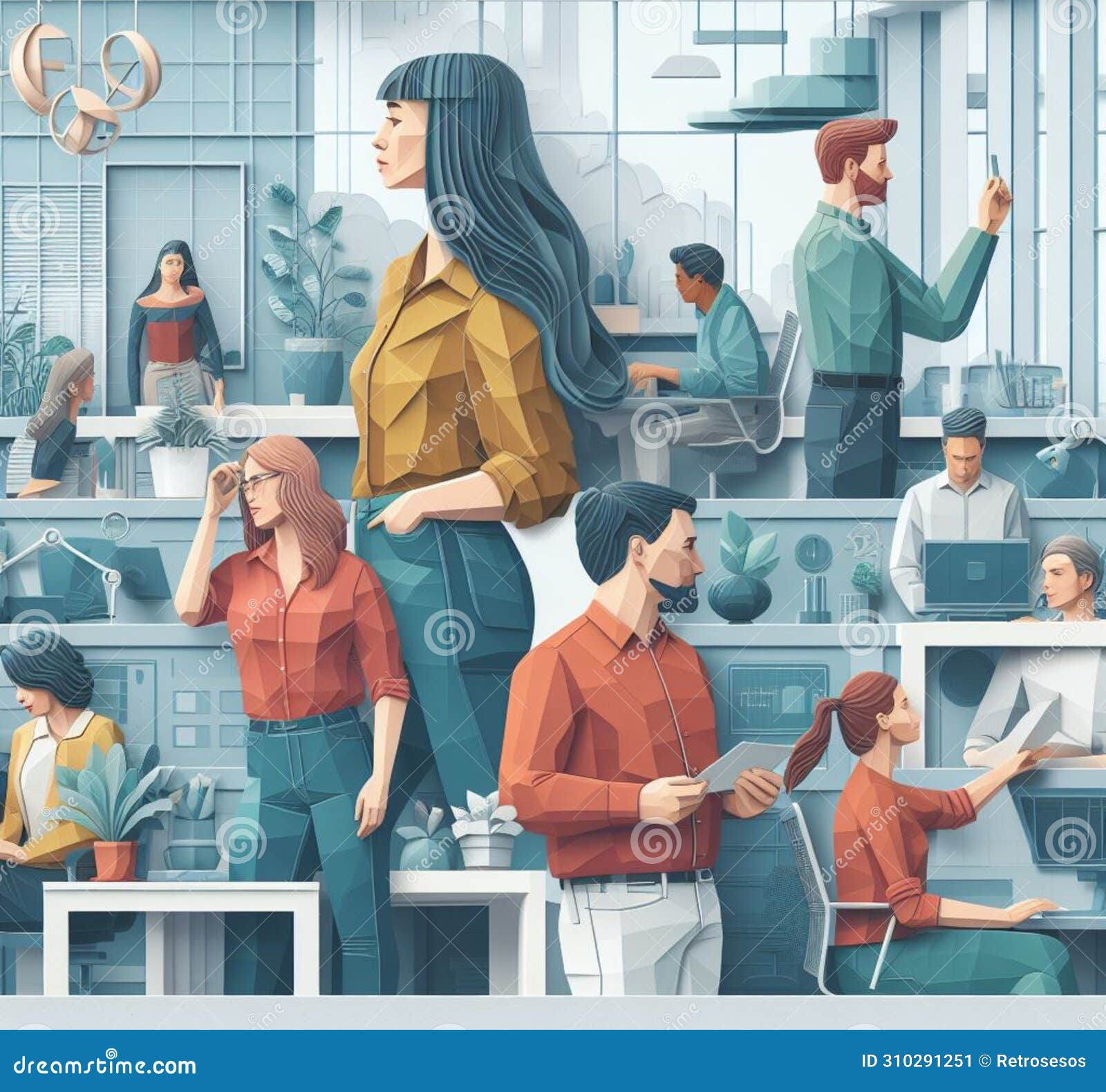 Brightly Lit Modern Office Setting with Employees Engaged in Various ...