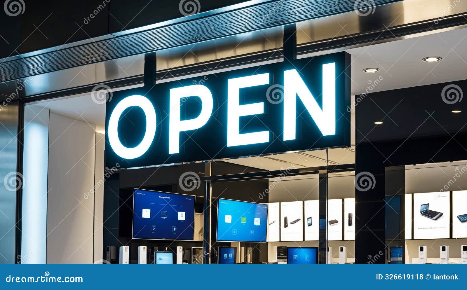 Brightly Lit Open Sign in Modern Electronics Storefront Stock ...