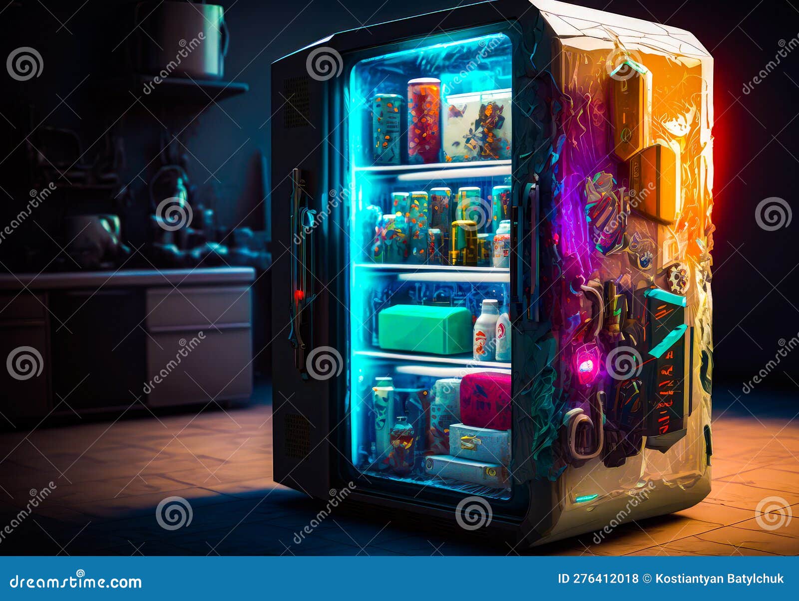 Brightly Lit Refrigerator in the Middle of Kitchen with the Door Open ...