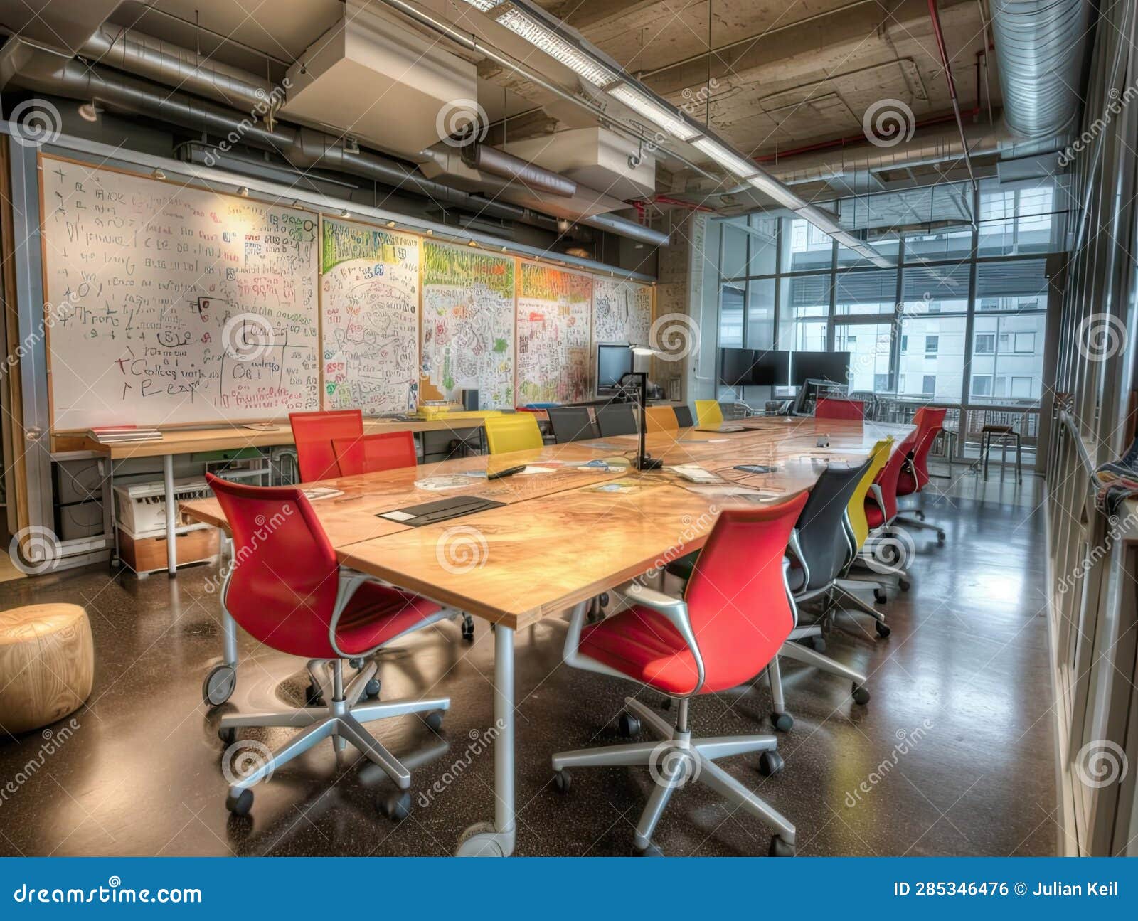 Collaborative Workspace with Shared Whiteboard and Colorful Seating ...