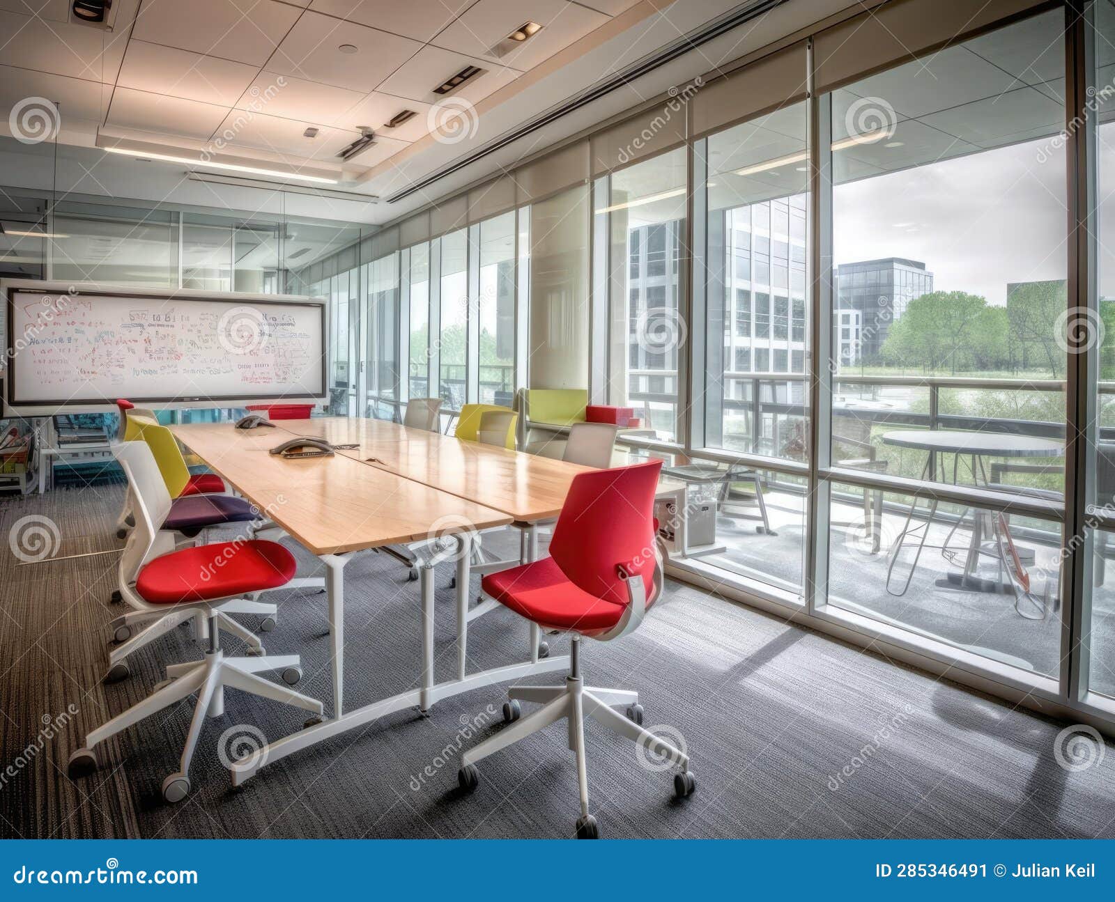 Collaborative Workspace with Shared Whiteboard and Colorful Seating ...