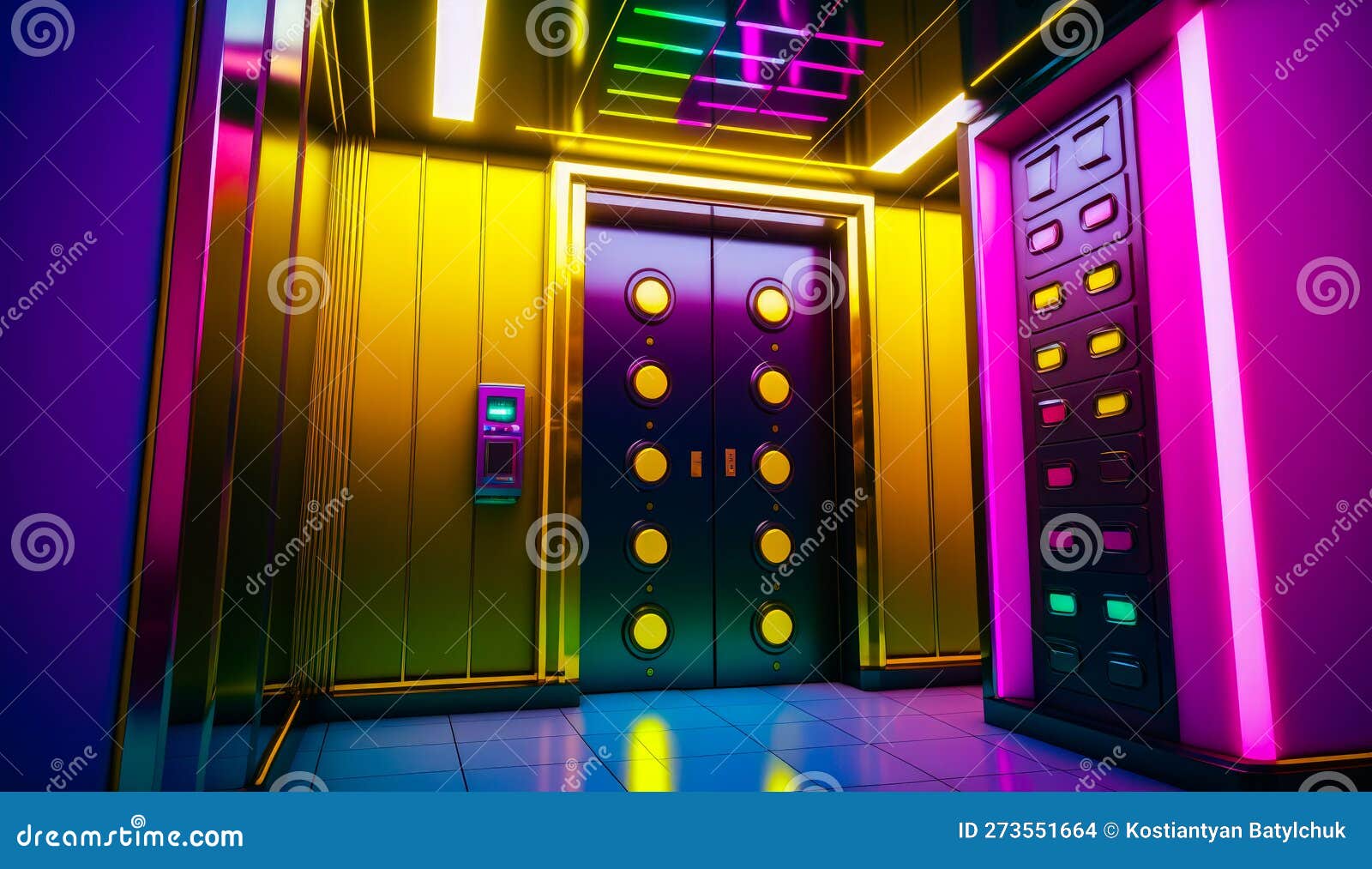 Brightly Lit Room with Two Elevators. Generative AI Stock Illustration ...