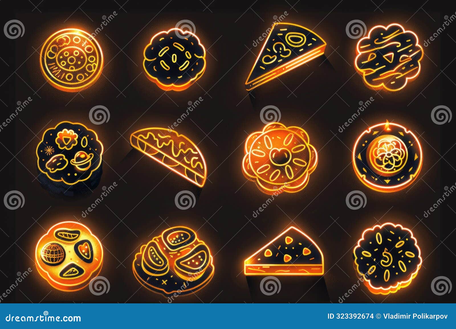 Brightly Lit Signs Featuring Various Types of Food in Neon Lights Stock ...